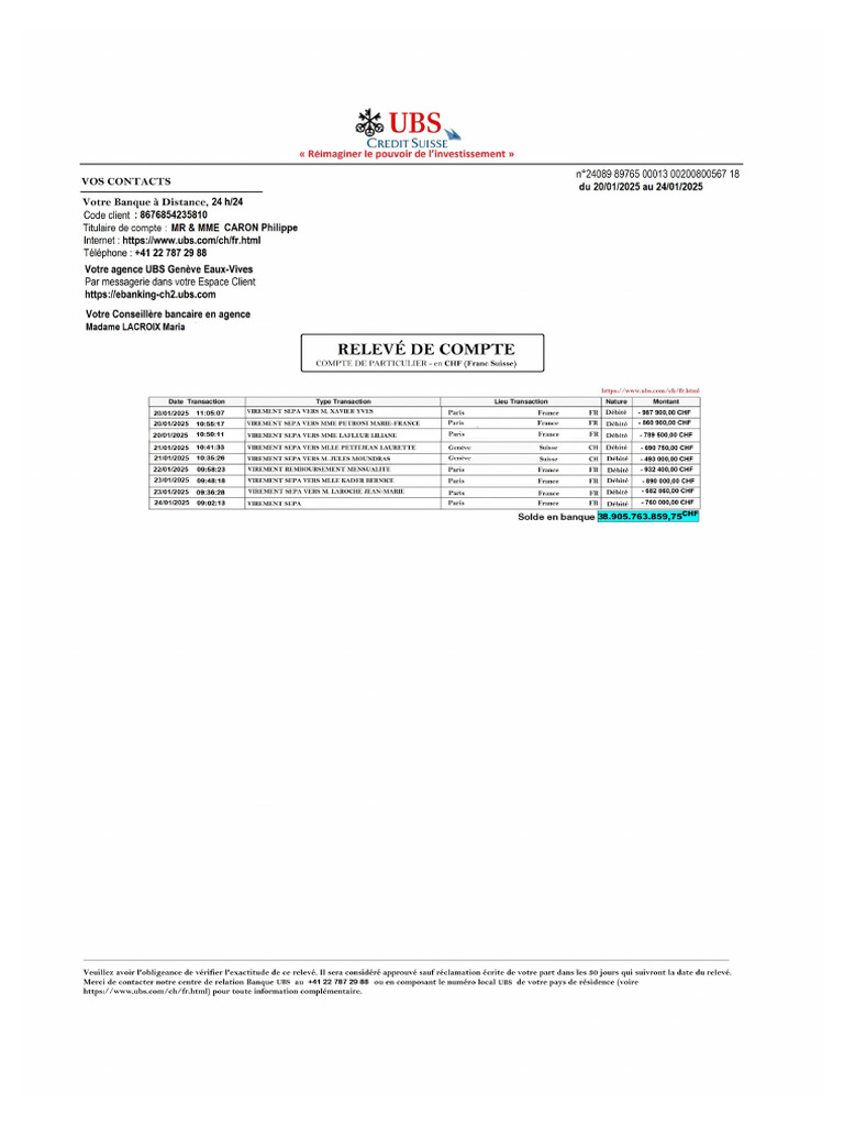 Releve de Compte Ubs de Mr & Mme Caron (3) | PDF