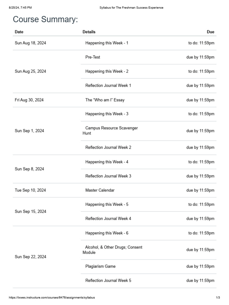 Freshman Success Experience Schedule | PDF