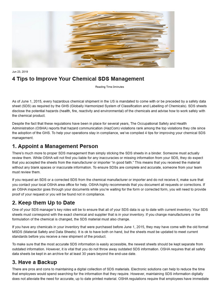 4 Tips To Improve Your Chemical SDS Management - HM Royal | PDF ...