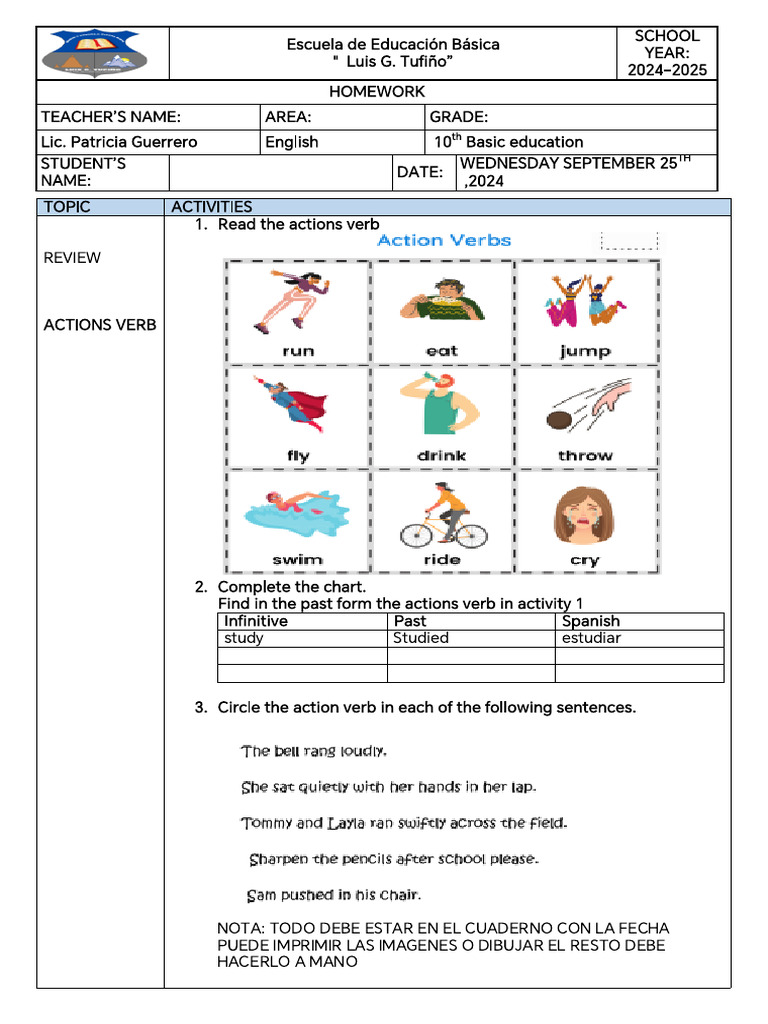 10th Grade English Homework: Action Verbs | PDF