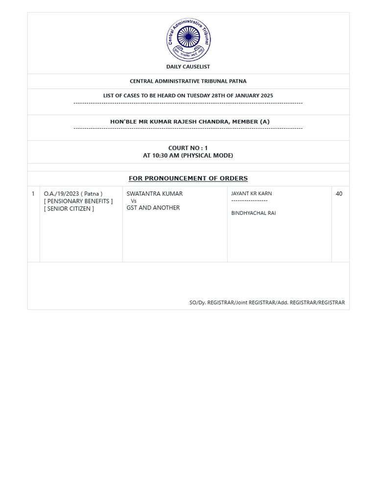 Patna Tribunal Daily Cause List - Jan 28, 2025 | PDF | Government Of ...