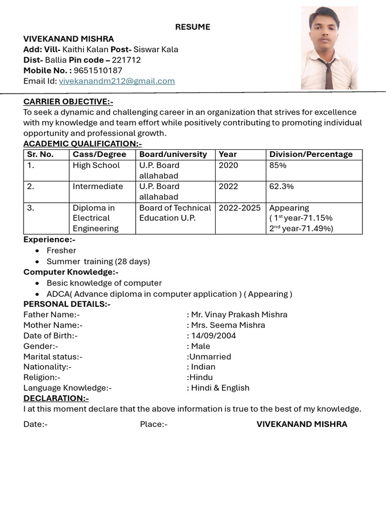 Resume Vivekanand | PDF