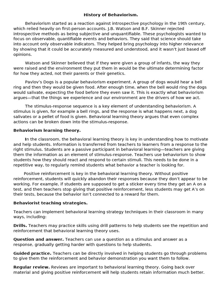 History of Behaviorism Educ 204 | PDF | Classical Conditioning ...