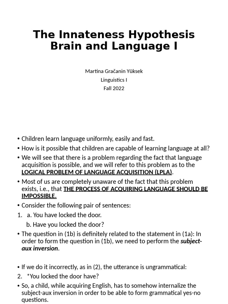 Class 2 Innateness Brain and Language | PDF | Lateralization Of Brain ...