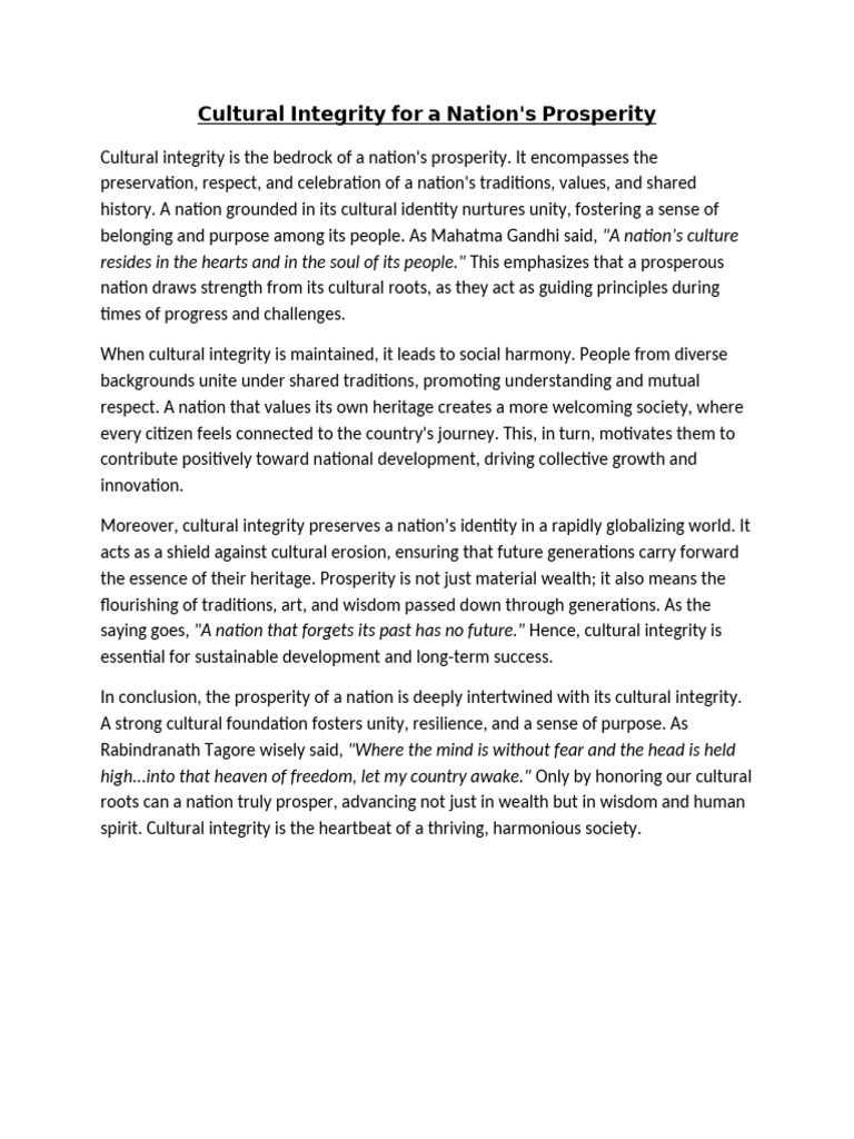 Cultural Integrity: Key to National Prosperity | PDF