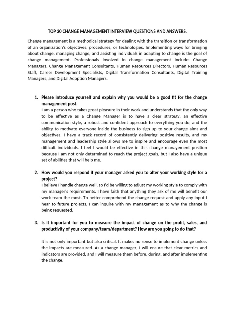 Top Change Management Interview Questions | PDF | Change Management ...