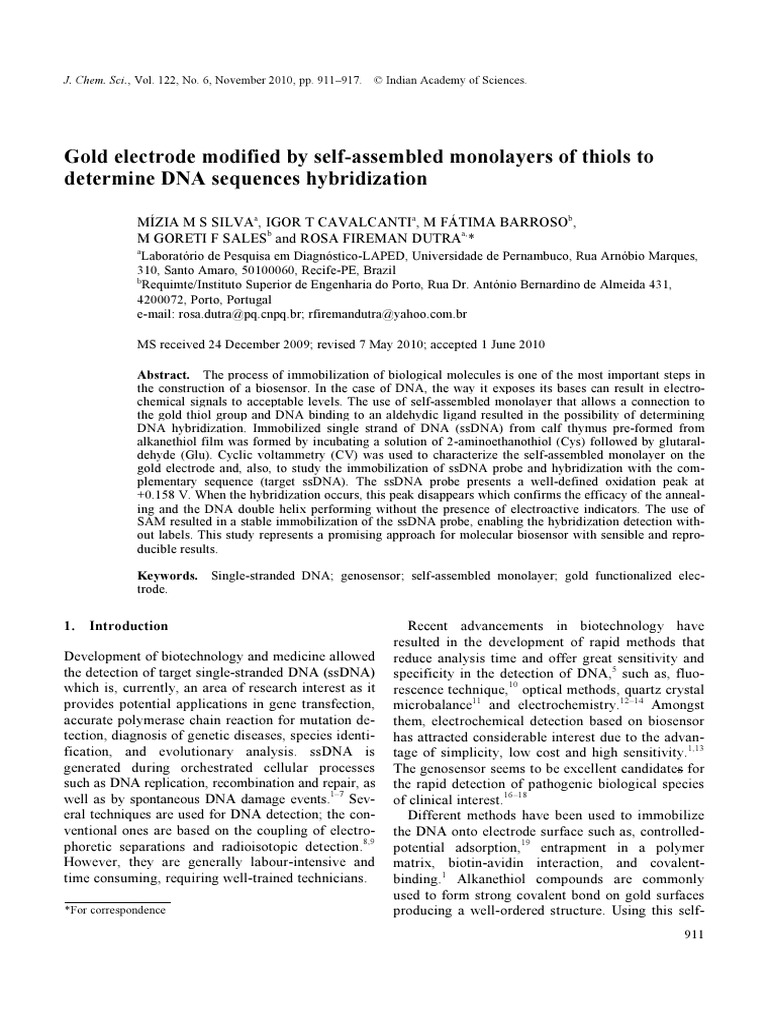Gold Electrode Modified by Self-Assembled Monolayers of Thiols To | PDF ...