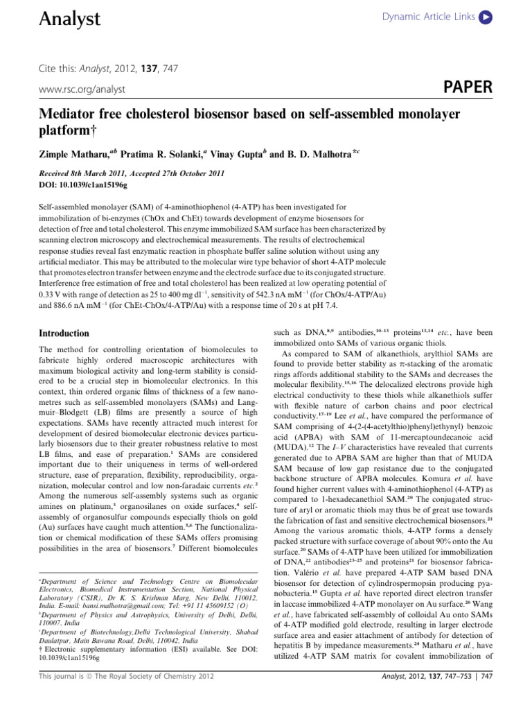 Mediator Free Cholesterol Biosensor Based On Self-Assembled Monolayer Platform | PDF | Chemistry ...