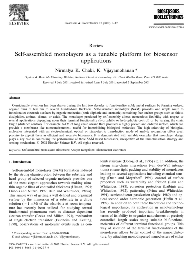 Self-Assembled Monolayers As A Tunable Platform For Biosensor Applications | PDF | Biosensor ...