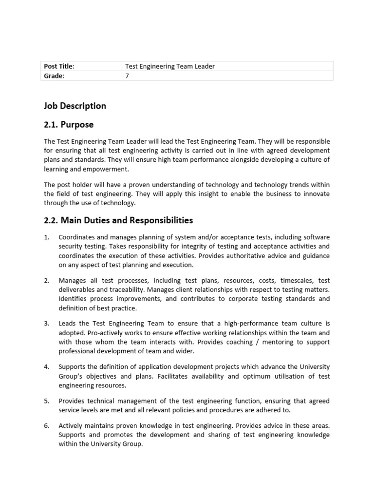Test Engineering Team Leader | PDF | Engineering | Leadership