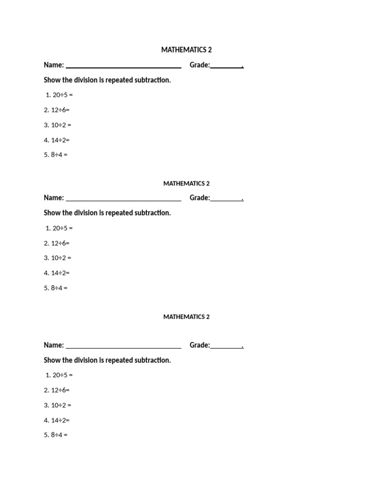 Division as Repeated Subtraction Worksheet | PDF