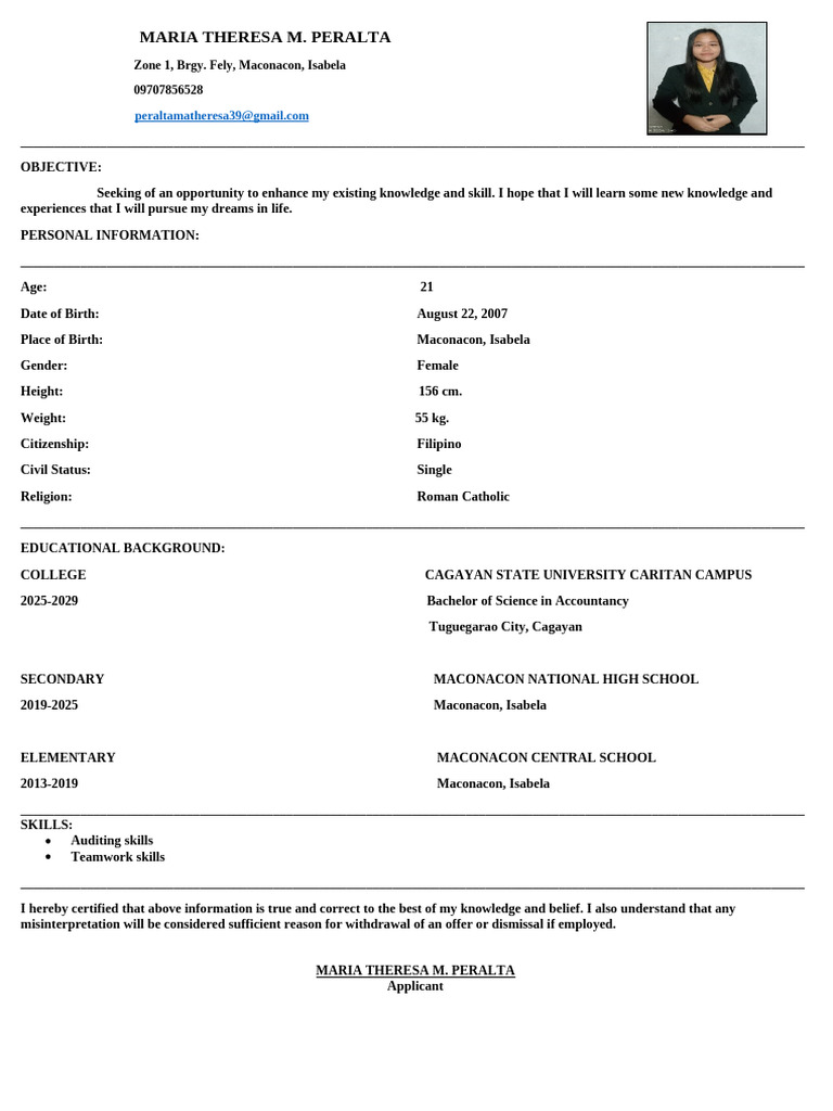 Resume of Maria Theresa Peralta | PDF