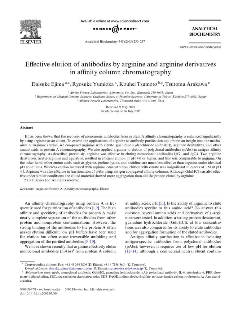 Effective Elution of Antibodies by Arginine and Arginine Derivatives in ...