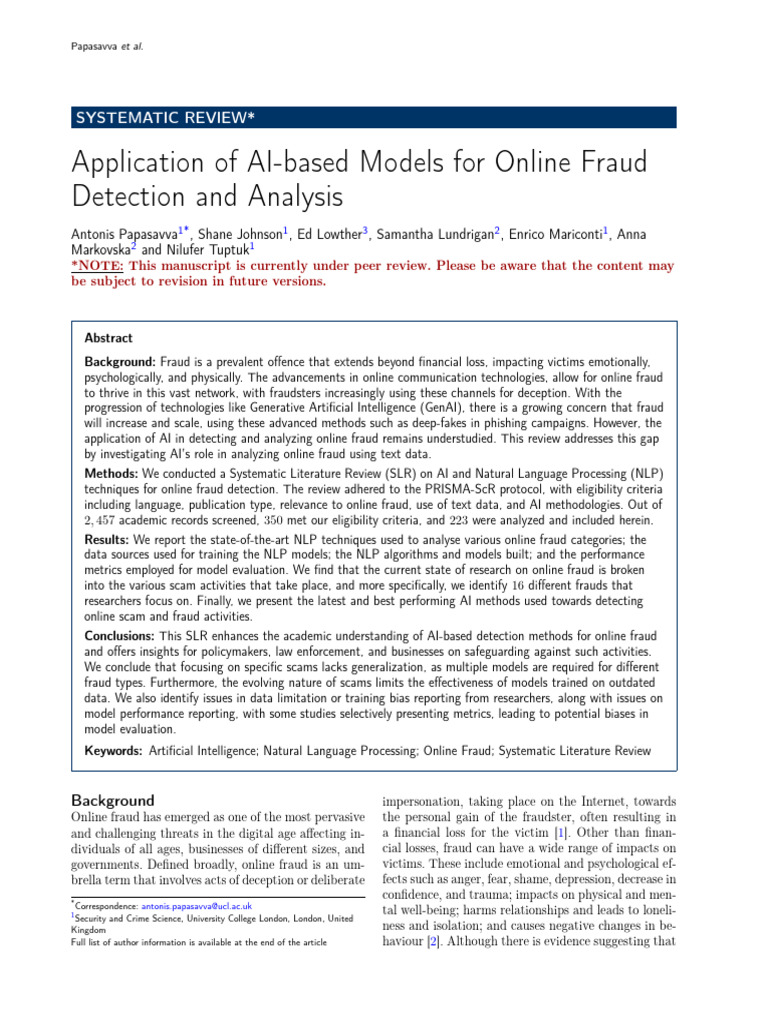 Application of AI-based Models For Online Fraud Detection and Analysis ...