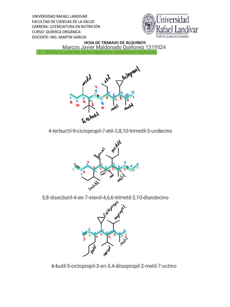 Hoja de Trabajo 3 Alquinos - 240828 - 081500 | PDF | Química Orgánica | Química