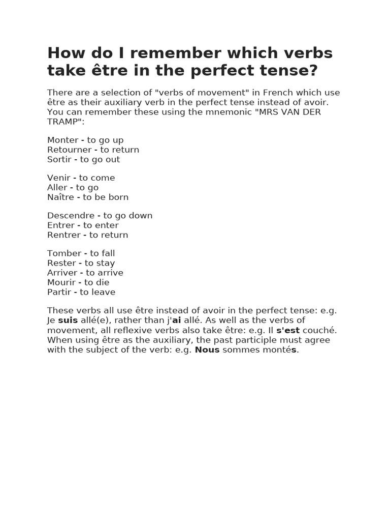 How Do I Remember Which Verbs Take Être in The Perfect Tense | PDF