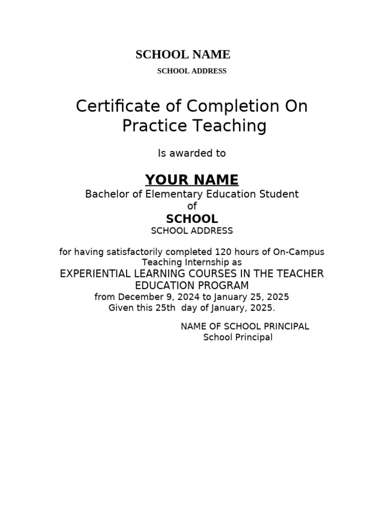 Student Teacher Certi. of Completion Sample | PDF