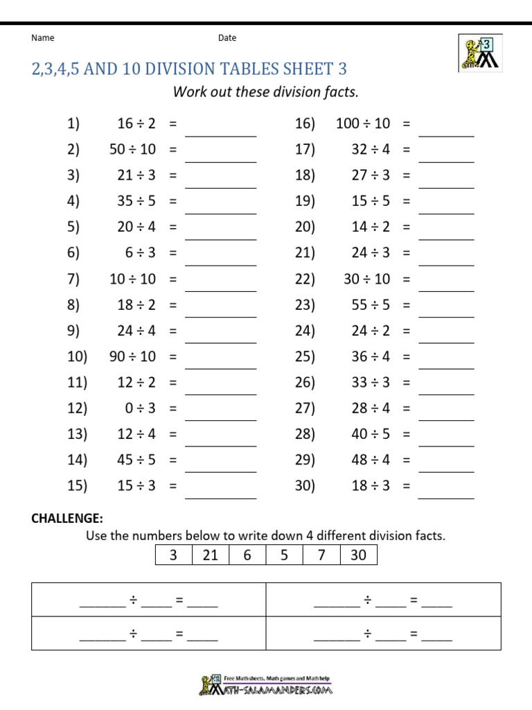 Division Tables 2 3 4 5 and 10 3 | PDF