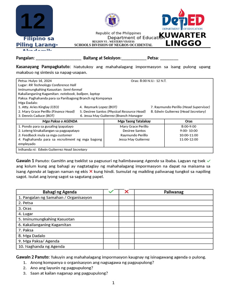 FILIPINO12 Sa Piling Larang - Akademik - Q2 - W1 | PDF
