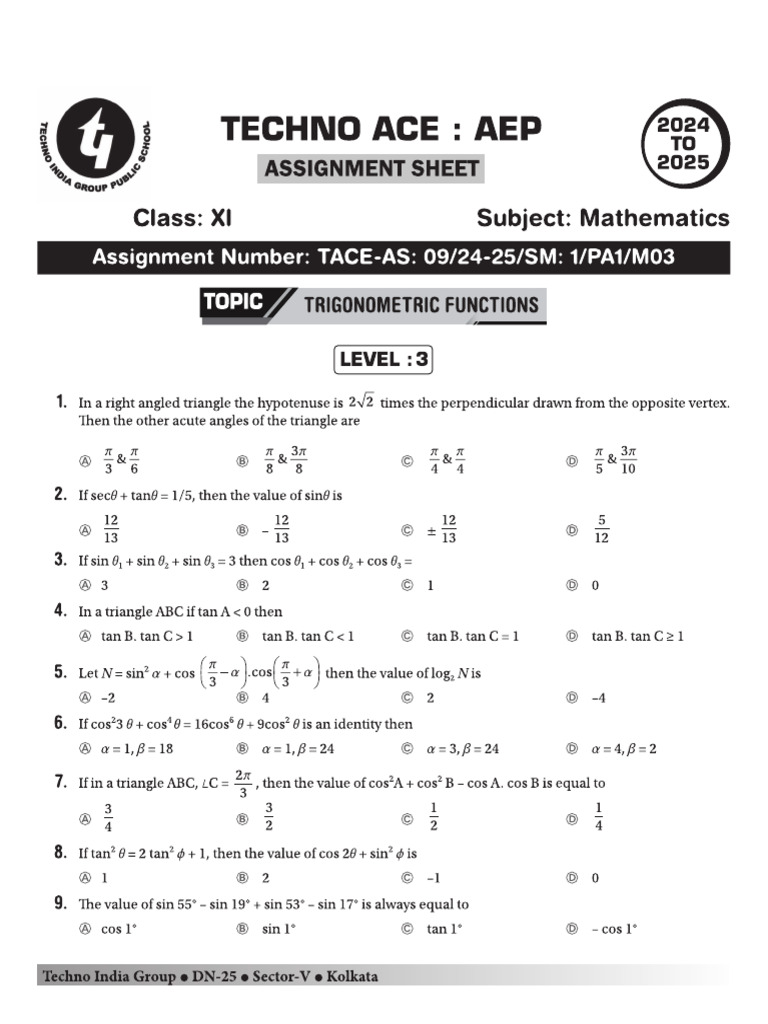 Chapter 03 Trigonometric (Ass L 3) XI (Math) | PDF