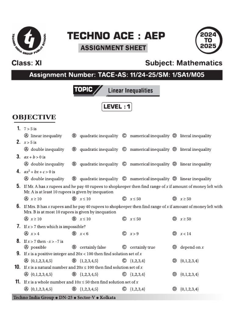 Chapter 05 Linear Inequalities (Ass L 1) XI (Math) | PDF