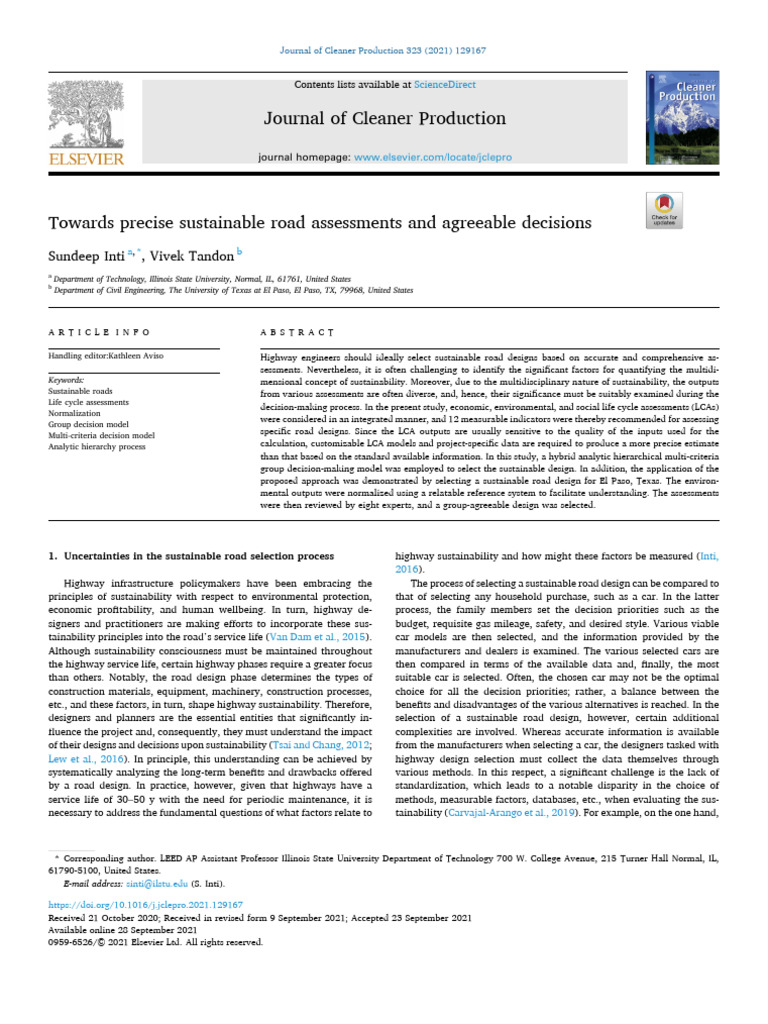 Towards Precise Sustainable Road Assessments and Agreeable Decisions ...