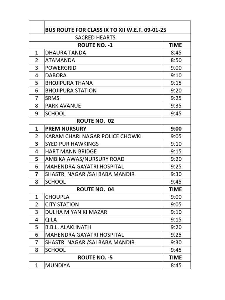 Bus Route for Class i to Xii | PDF | Public Transport