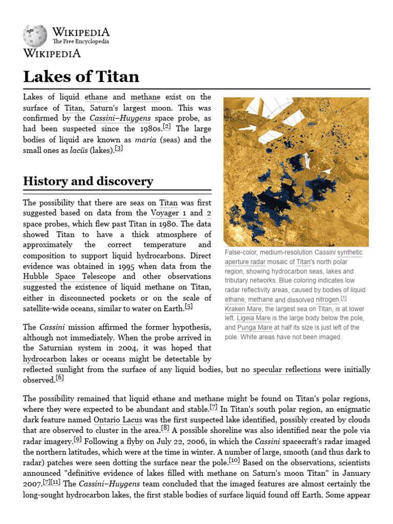 Lakes of Titan - Wikipedia | PDF | Earth Sciences | Physical Sciences