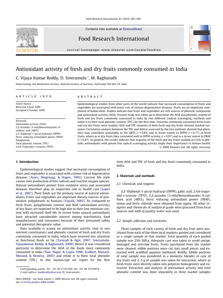 2010 Antioxidant Activity of Fresh and Dry Fruits Commonly Consumed in ...
