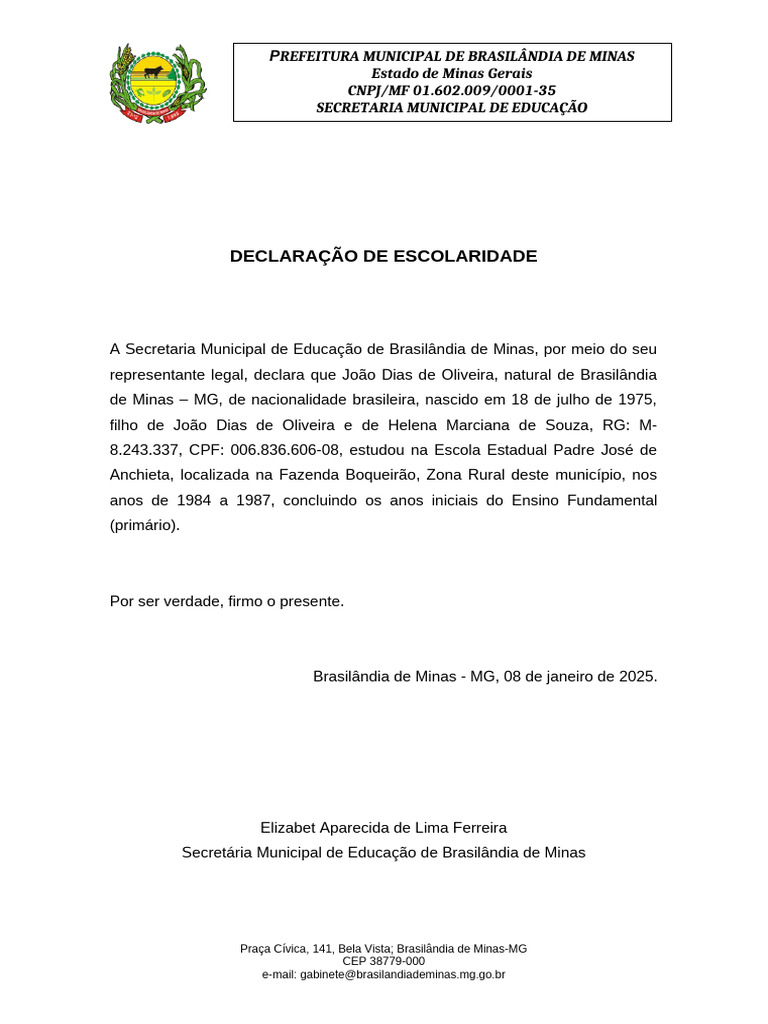 Declaração de Escolaridade Brasilândia MG | PDF