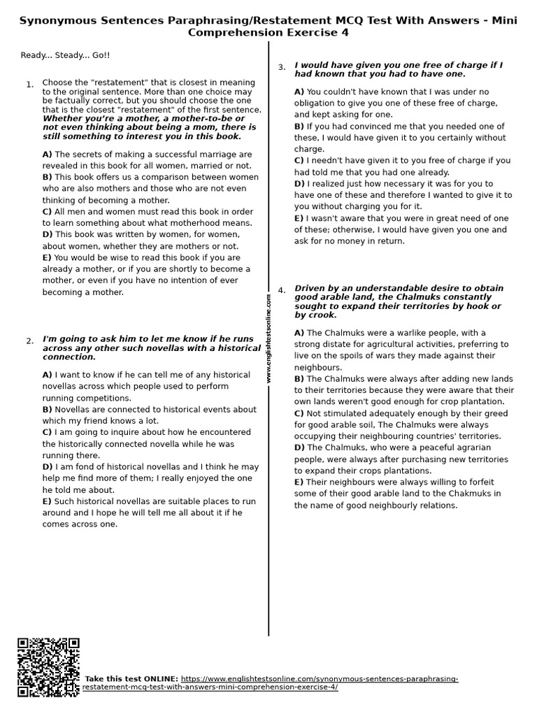 567 - Synonymous Sentences Paraphrasing Restatement MCQ Test With ...
