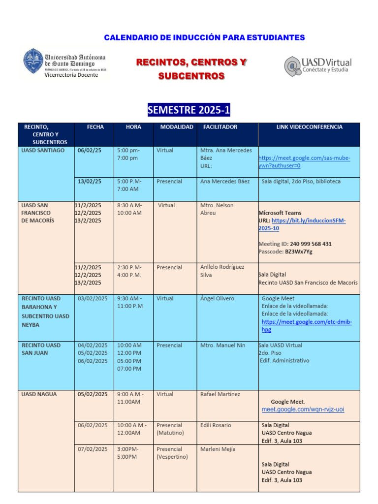 Calendario Inducción Estudiantes 2025 1 Pdf