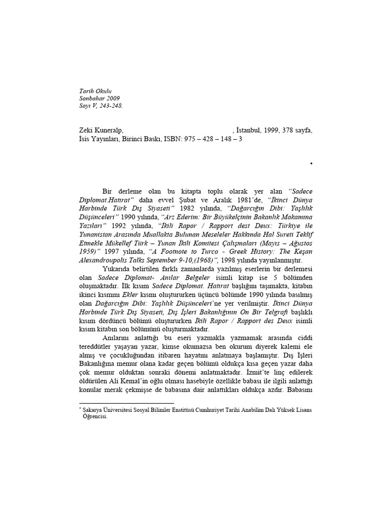 Zeki Kuneralp Sadece Diplomat Anilar Bel | PDF