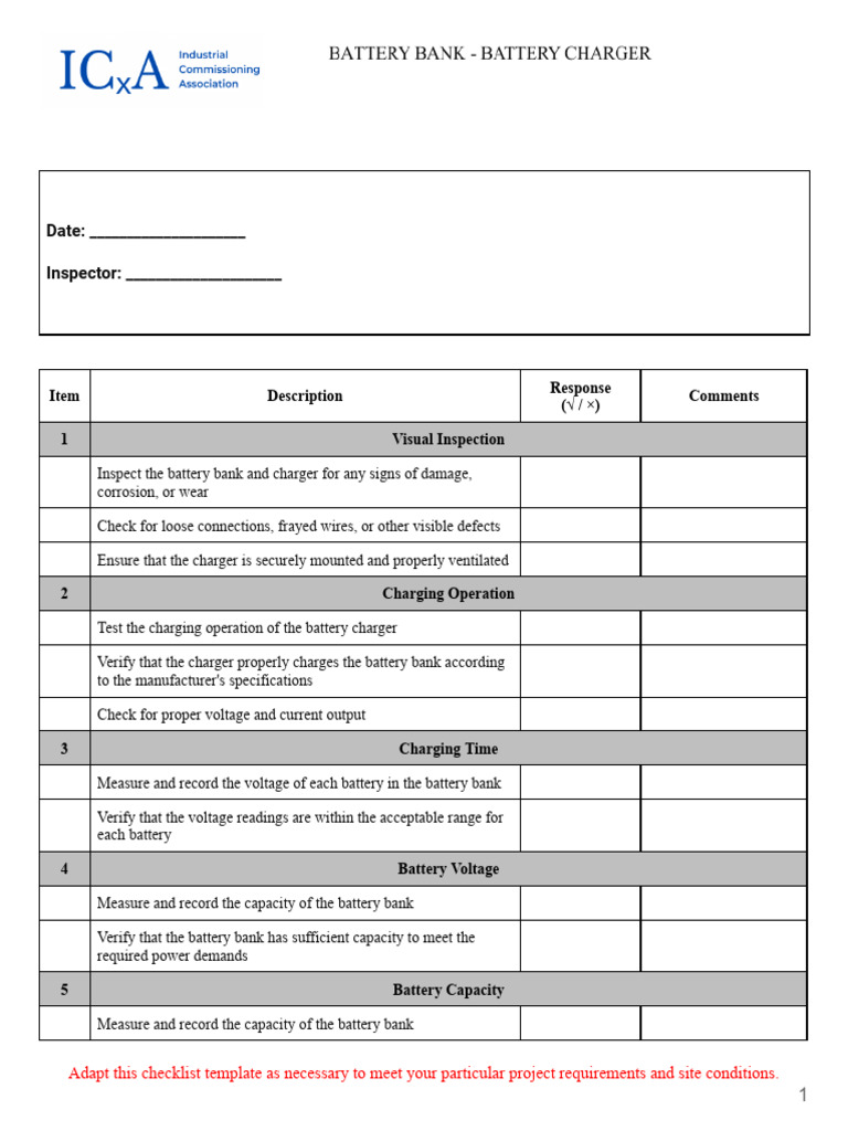 Battery Inspection Checklist | PDF | Battery Charger | Electricity