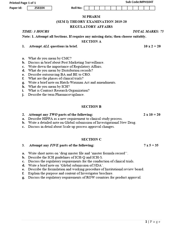 Mpharm 1 Sem Regulatory Affairs mph104t 2020 | PDF | Clinical Trial | Health Care