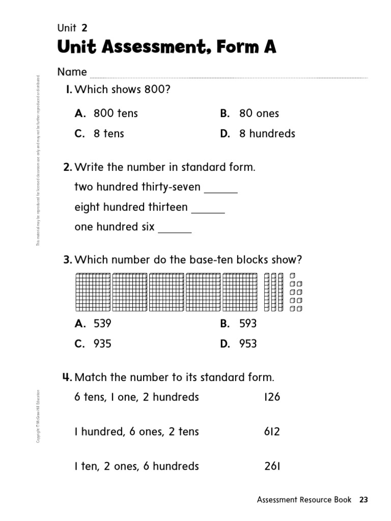 Unit Assessment, Form A_ Place Value to 1,000 | PDF
