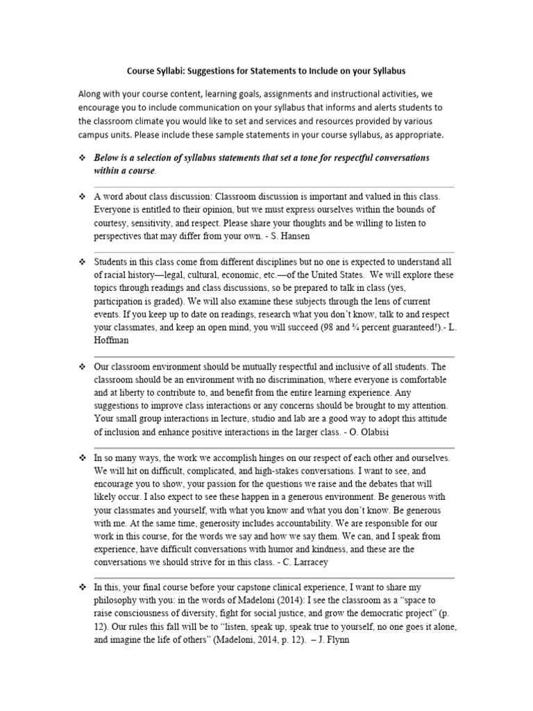 Inclusive Syllabus Statement Guide | PDF | Harassment | Libraries