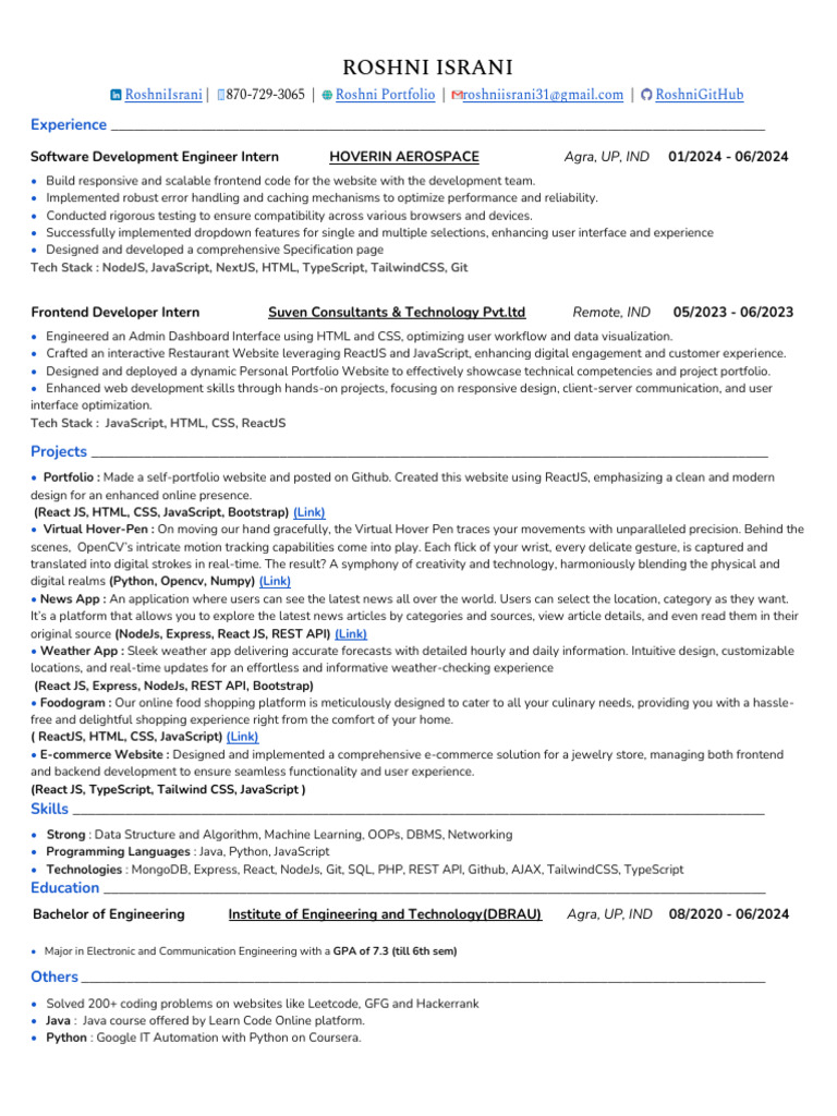 Roshni Israni Resume2024 | PDF | Java Script | Computer Science