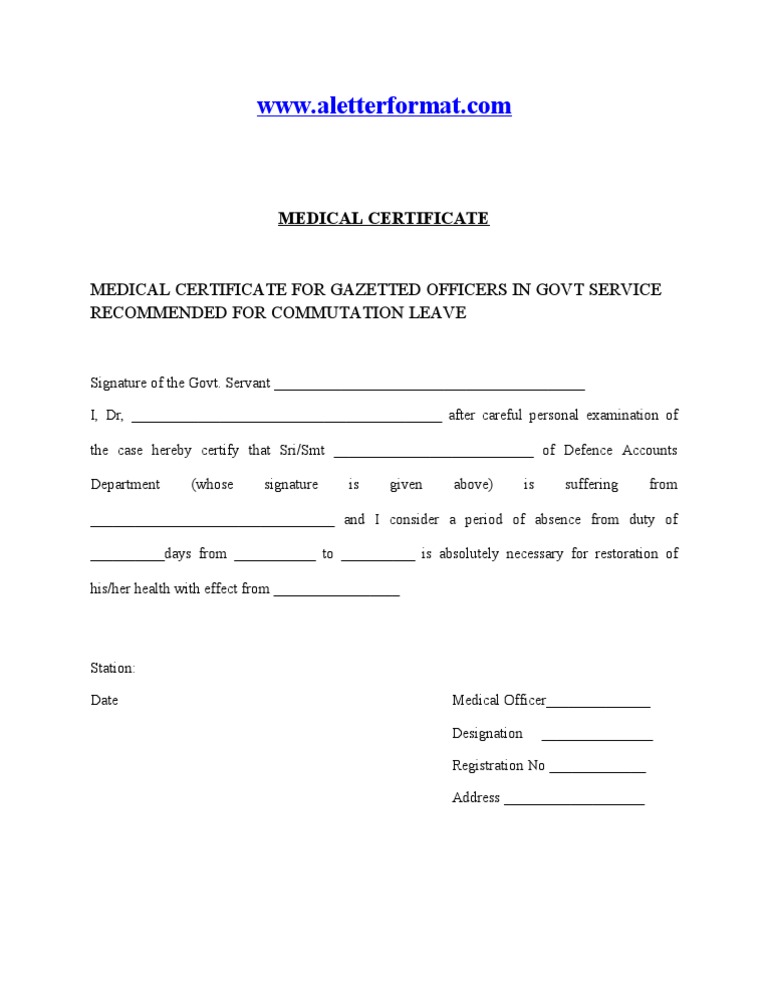 Medical Certificate Recommending Commutation Leave for a Government ...