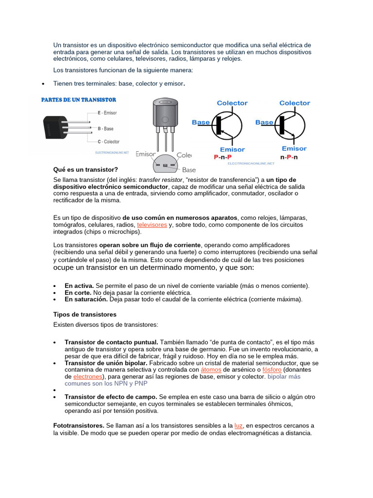 Tipos y funciones de transistores electrónicos | PDF | Transistor ...