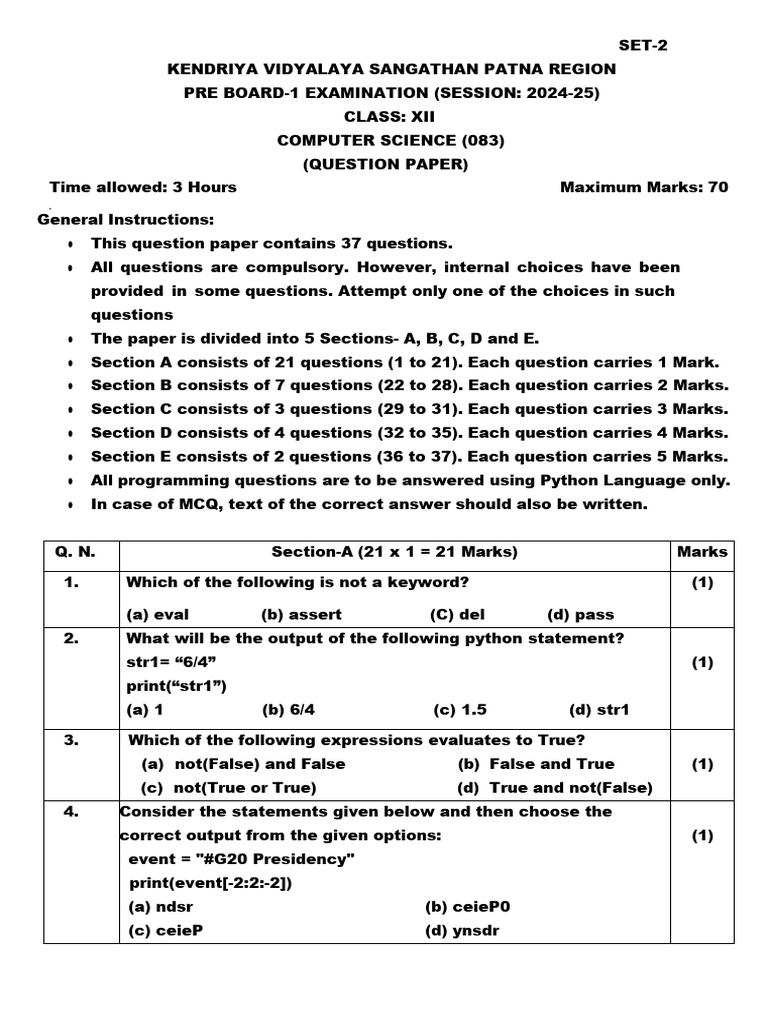 Class XII Computer Science Pre-Board Exam | PDF | Parameter (Computer ...
