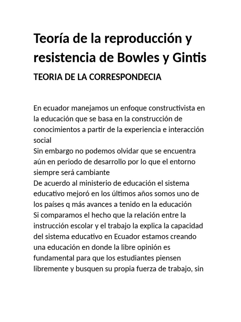Teoría de La Reproducción y Resistencia de Bowles y Gintis | PDF