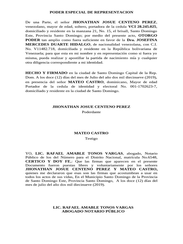 Poder de Representacion y Autorizacion Especial, Tonos 1 | PDF