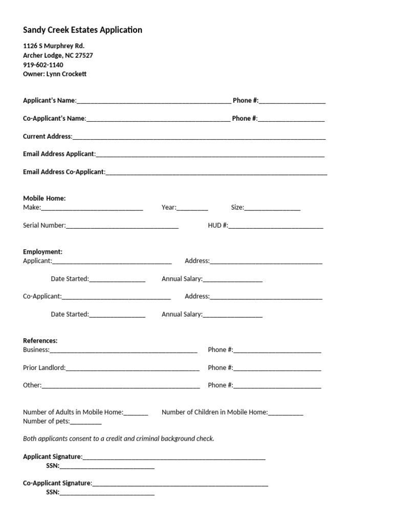 Sandy Creek Estates Application Form | PDF