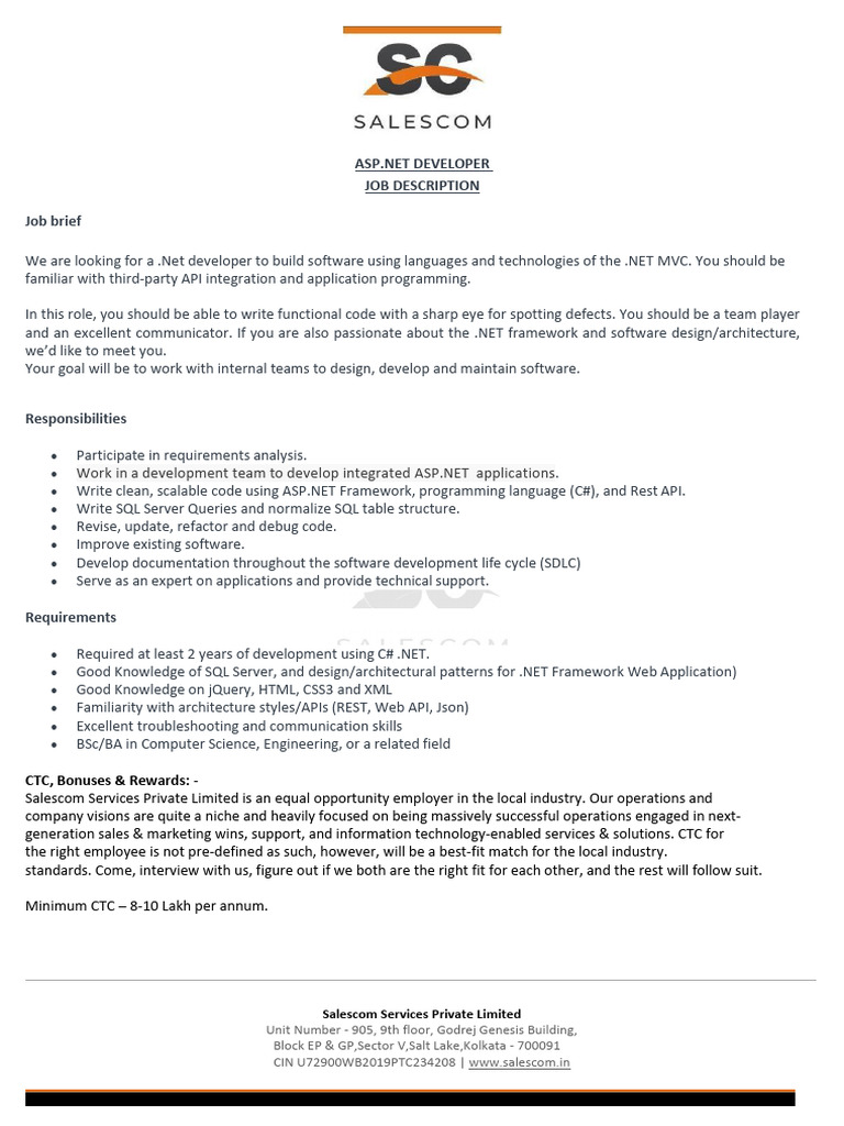 JD - Web Developer - Salescom | PDF | Microsoft Sql Server | C Sharp (Programming Language)