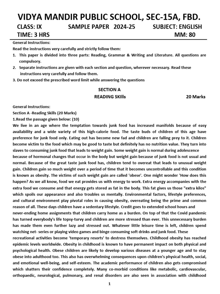 Class IX English Sample Paper | PDF | Obesity | Child Labour