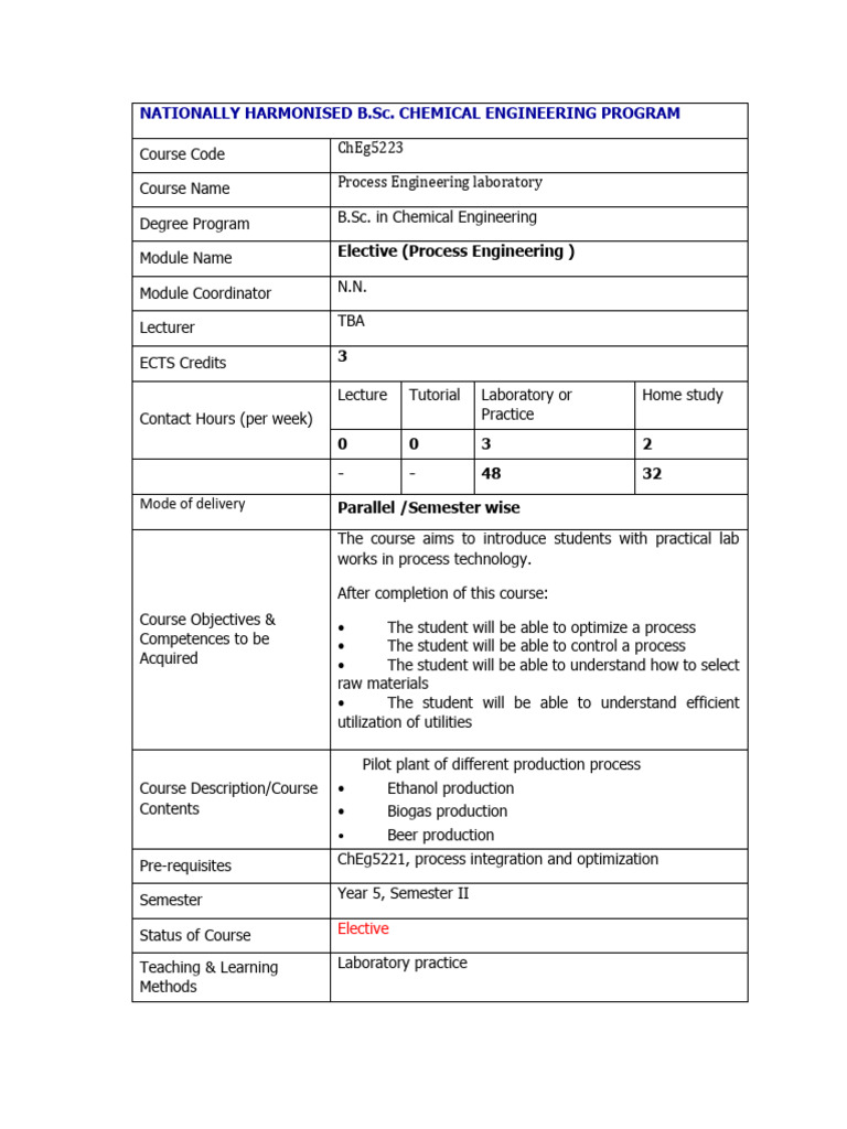 Course Outline - 1432507790process Engineering Laboratory | PDF