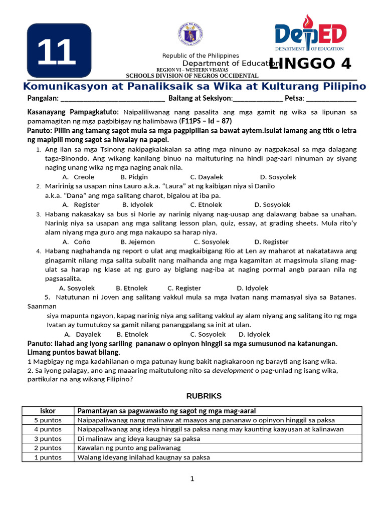 FILIPINO-GRADE 11-QUARTER 1 LINGGO 4 | PDF