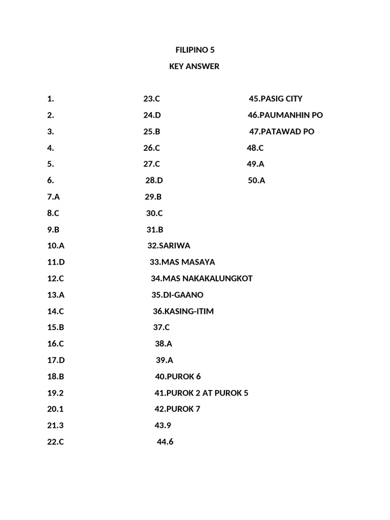 Filipino 5 q2 Key Answer | PDF