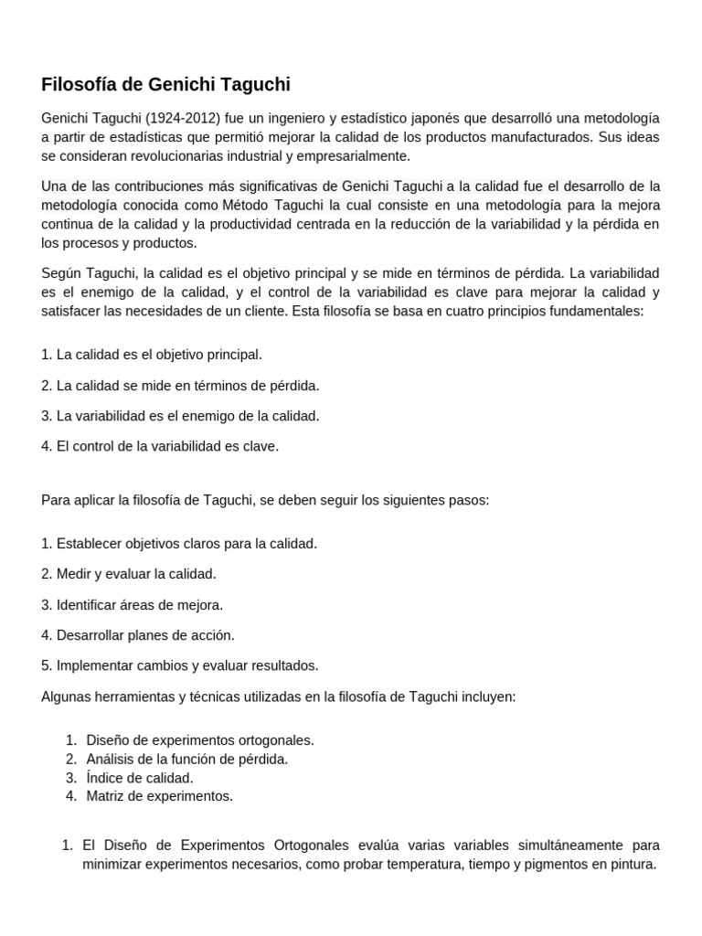 Filosofía de Calidad de Genichi Taguchi | PDF | Calidad (comercial ...